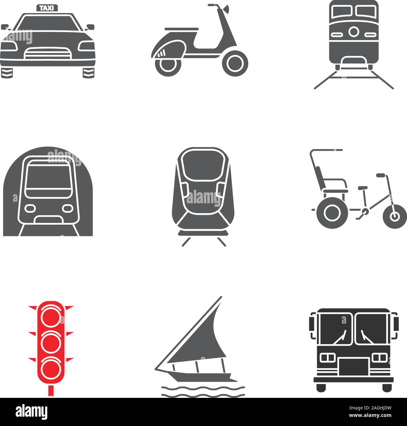 Public transport glyph icons set. Modes of transport. Taxi, scooter ...