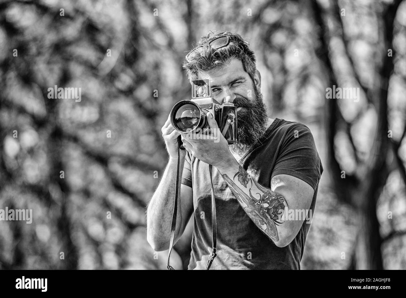Content creator. Man bearded hipster photographer. Photographer with ...
