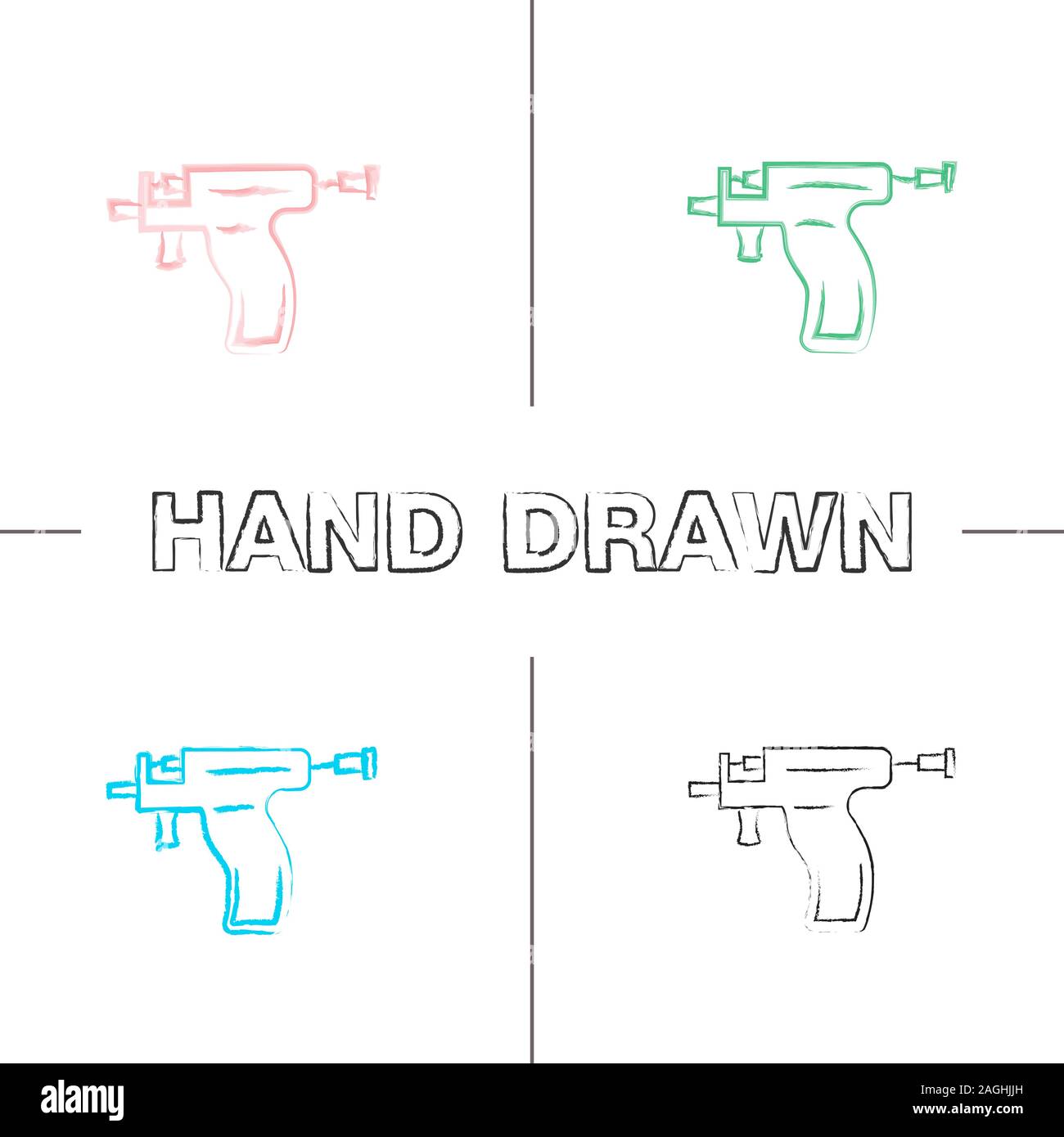 Piercing gun hand drawn icons set. Ear piercing instrument color brush ...