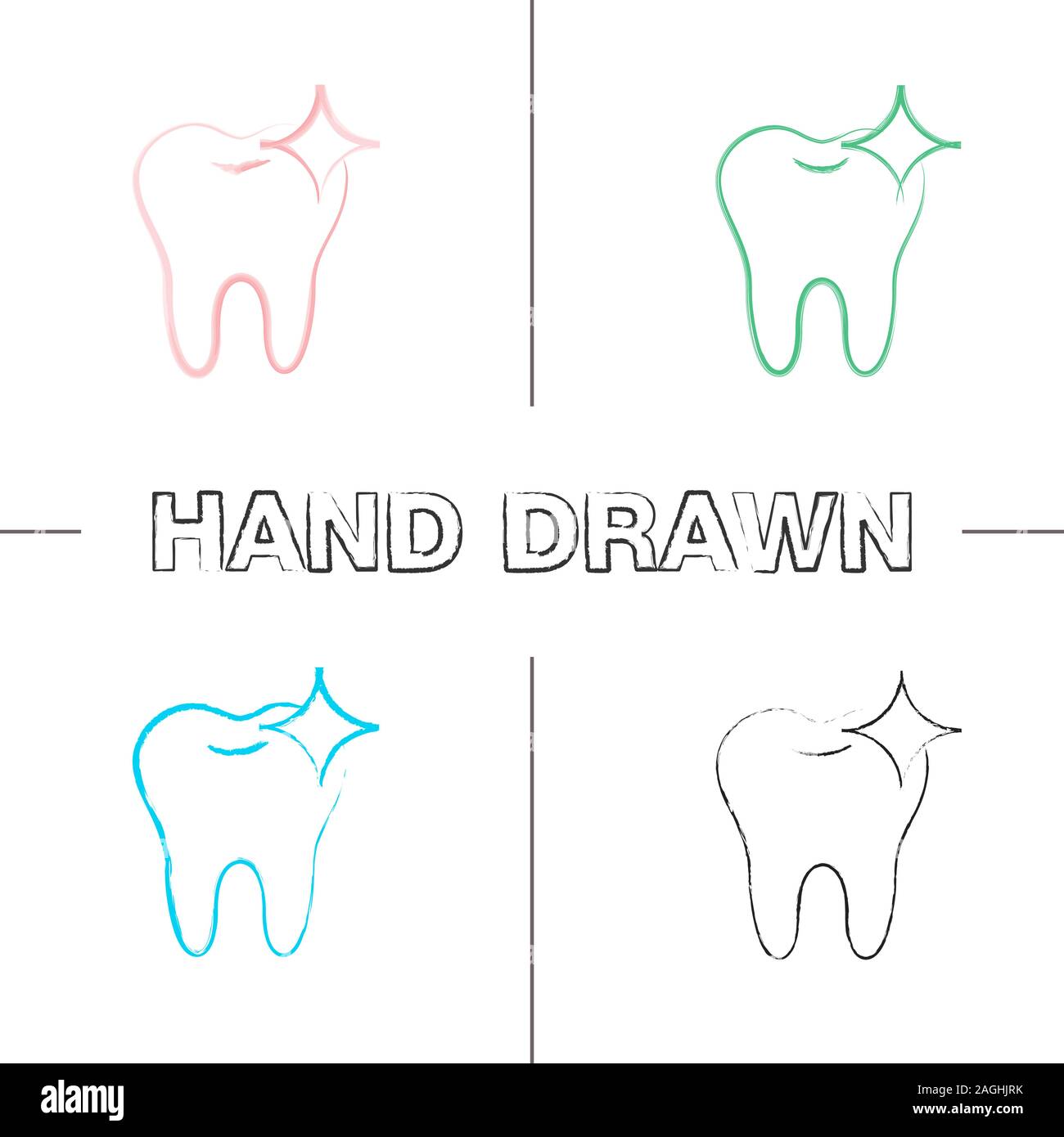 Healthy shining tooth hand drawn icons set. Teeth whitening. Color ...