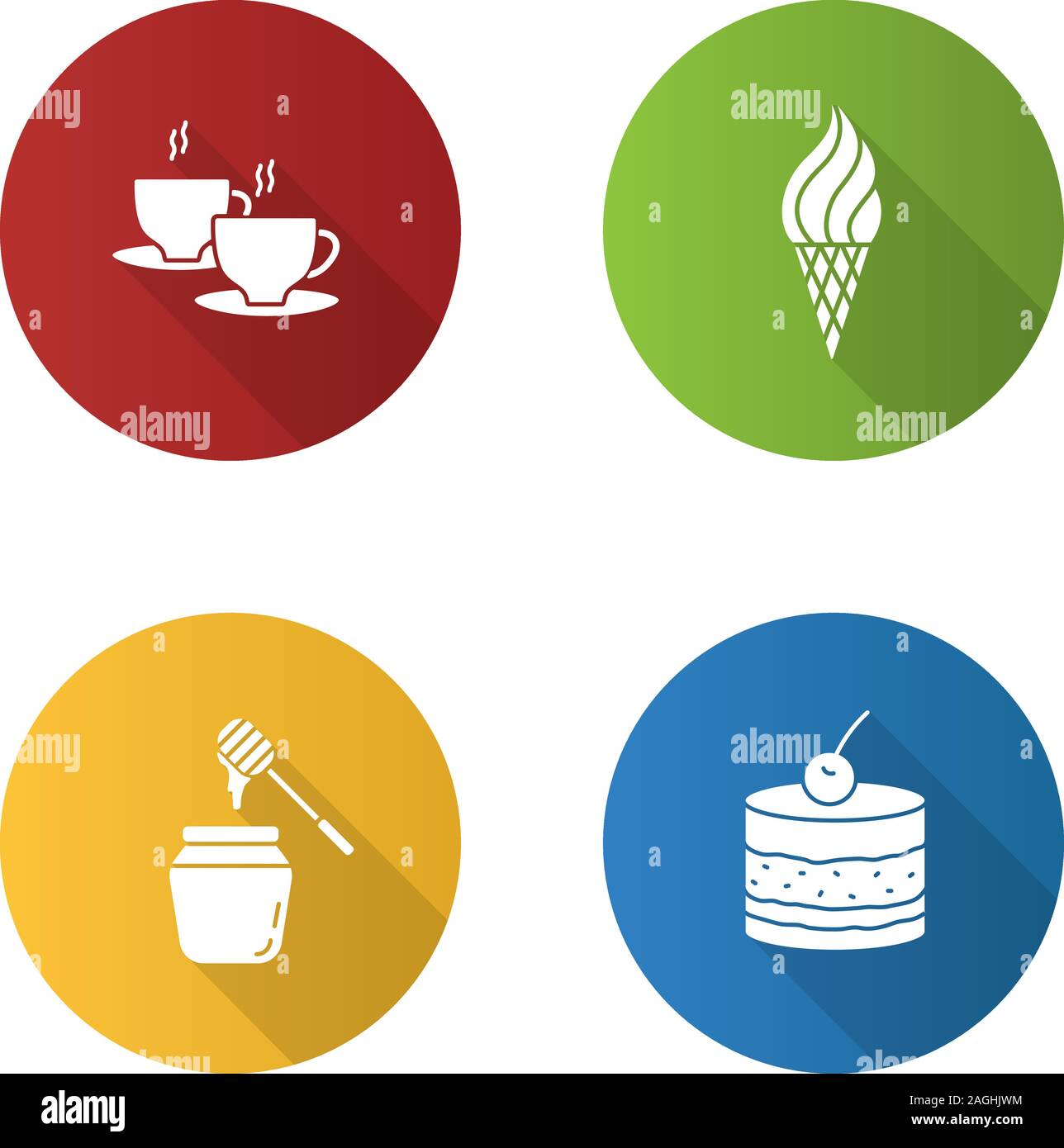 Confectionery flat design long shadow glyph icons set. Coffee house ...