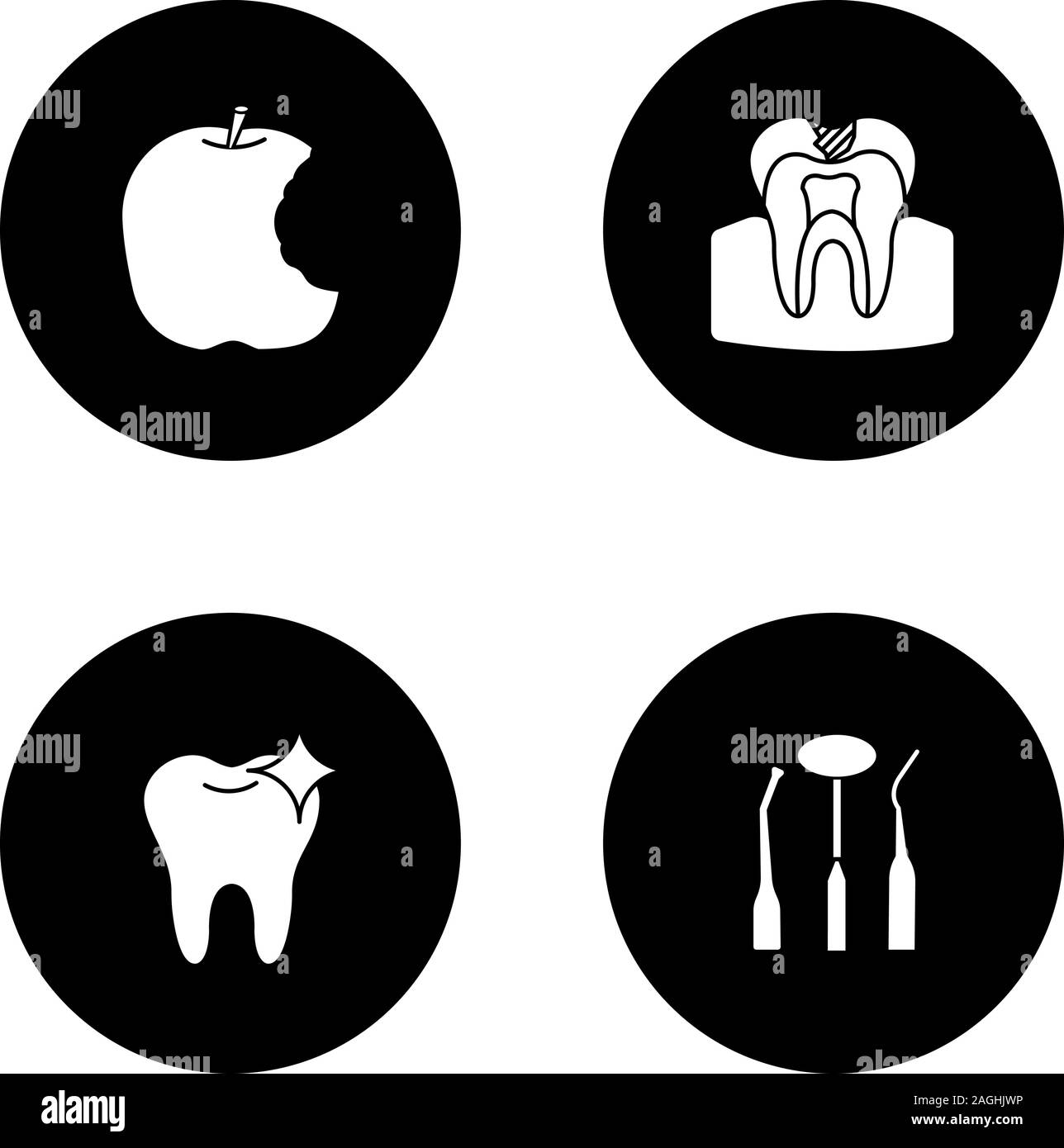 Dentistry glyph icons set. Stomatology. Bitten apple, caries, shining ...