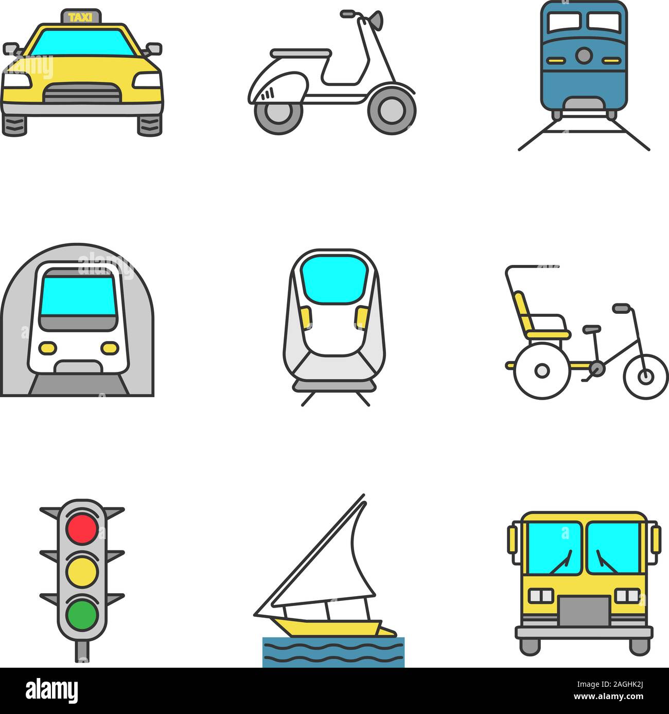 Public transport color icons set. Modes of transport. Taxi, scooter ...
