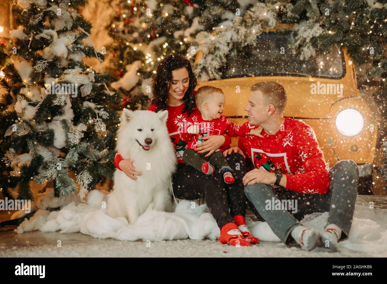 Happy family with little son sits next to white samoyed dog against ...