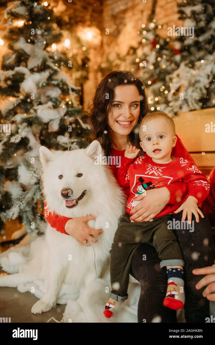 Mother and her son sit next to white samoyed dog against background of ...