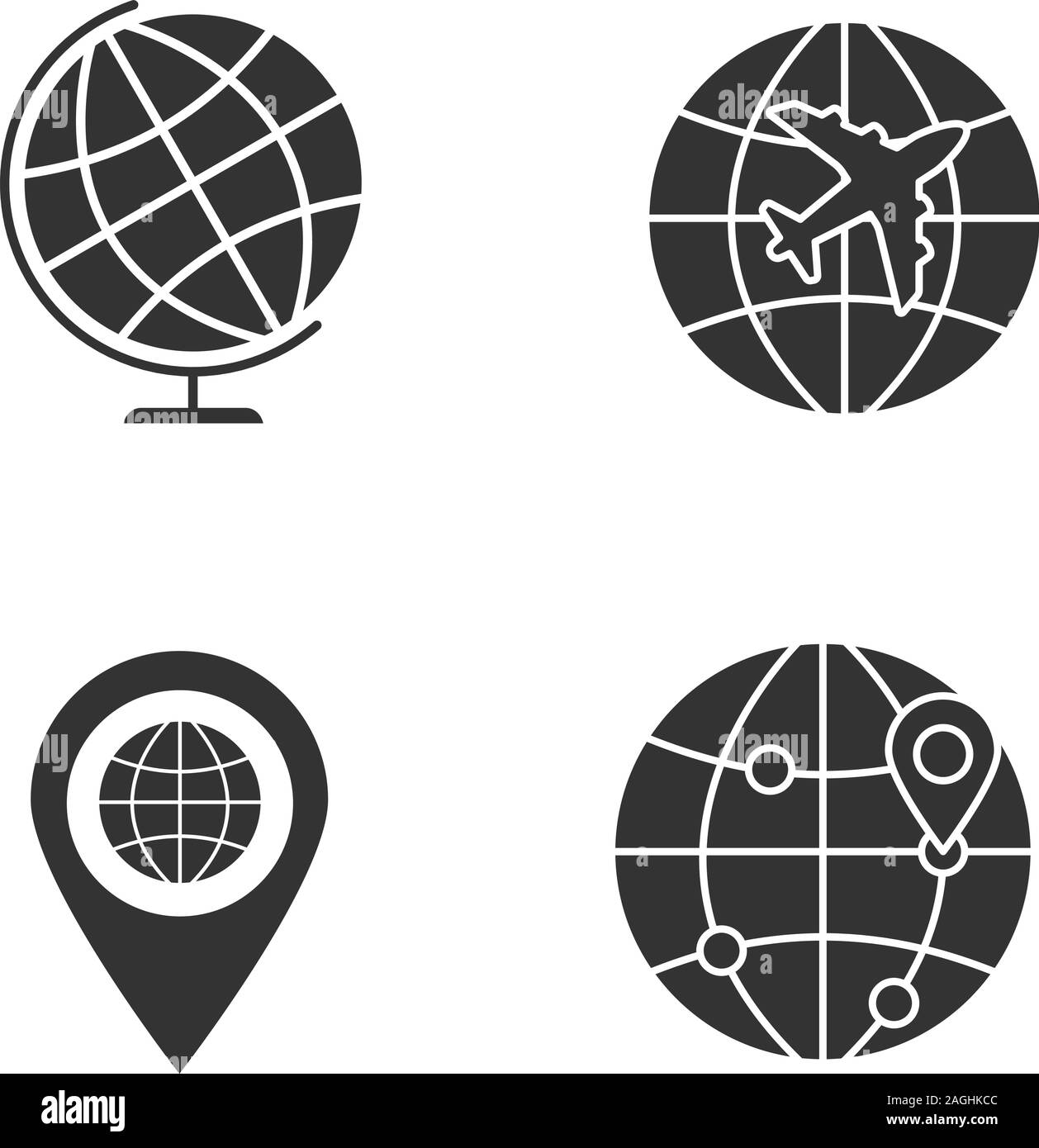 Worldwide glyph icons set. World globe, international flight, pinpoint ...