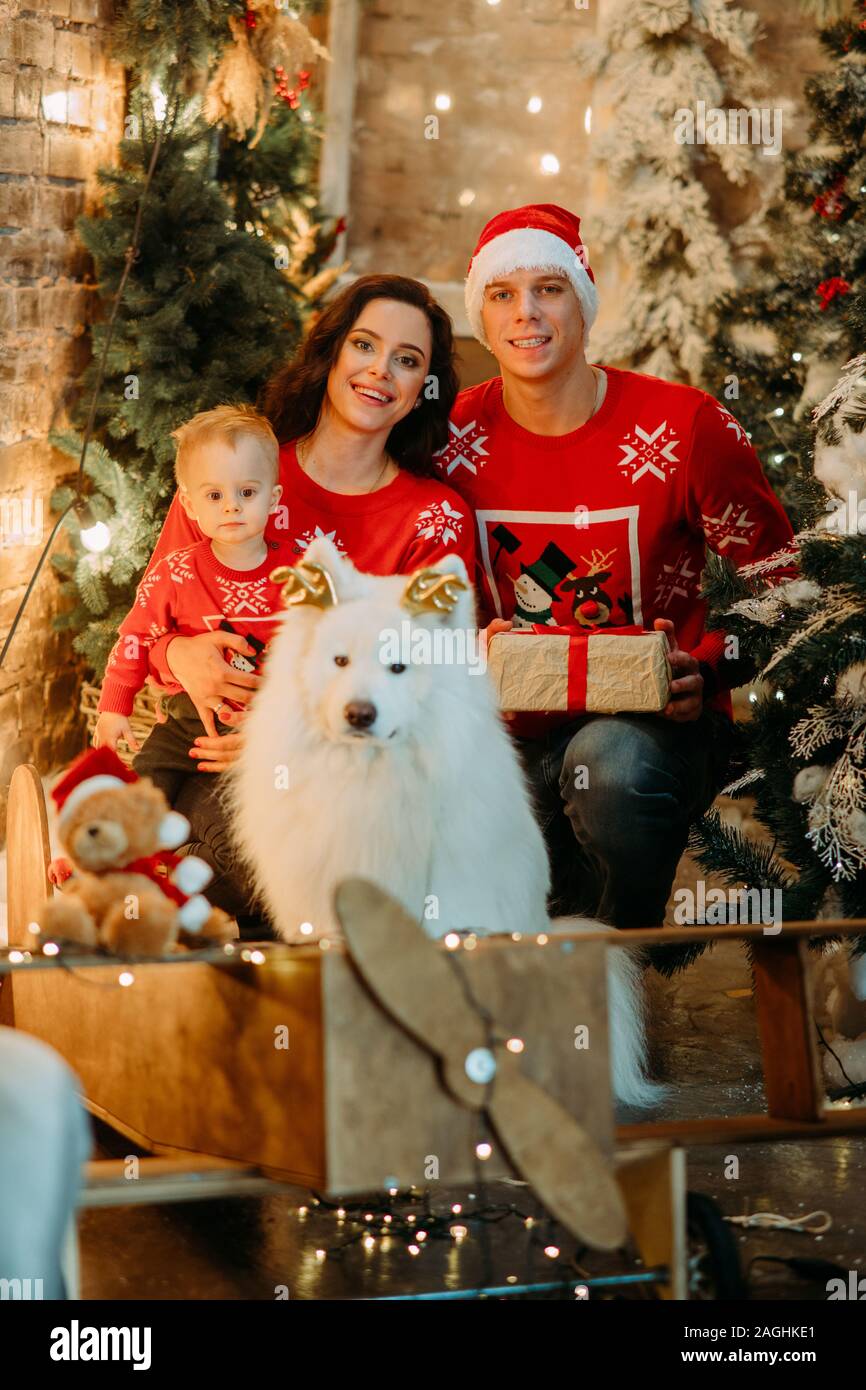 Happy family poses next to white samoyed dog against background of ...