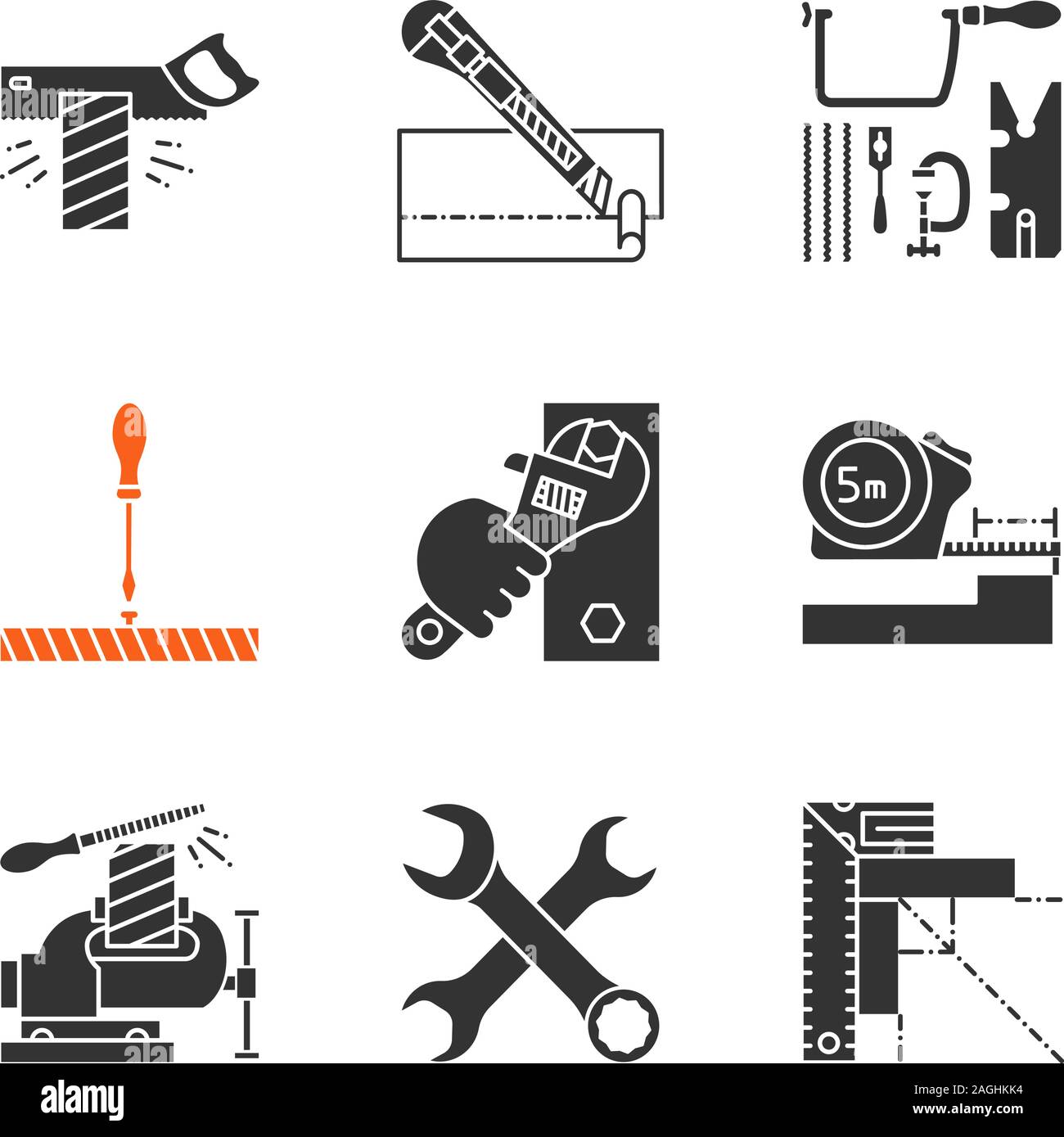 Construction tools glyph icons set. Silhouette symbols. Tenon saw ...