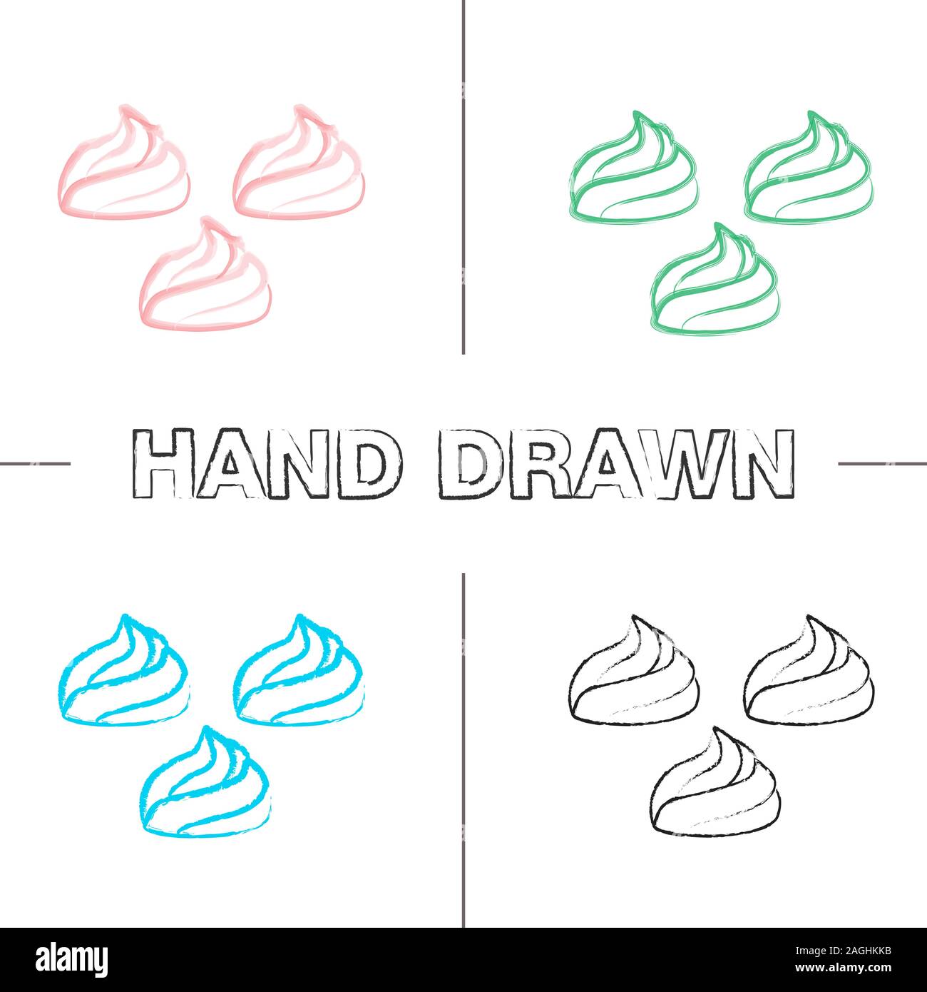 Meringues hand drawn icons set. Marshmallow. Color brush stroke ...
