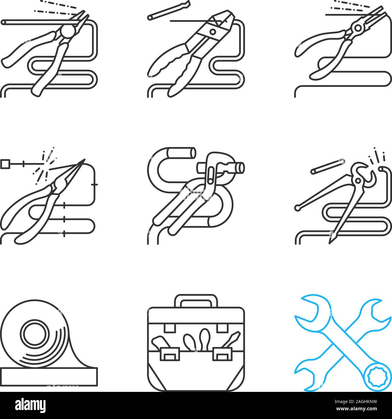 Construction tools linear icons set. Thin line contour symbols. Pliers ...