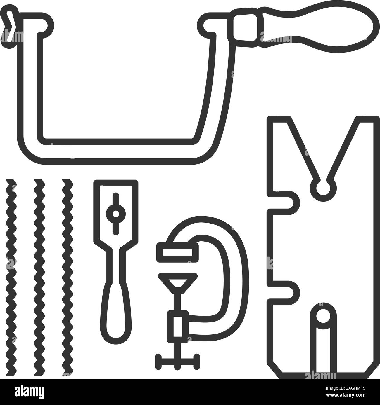 Jewelers saw set linear icon. Fretsaw with clamp, blades and bench pin ...