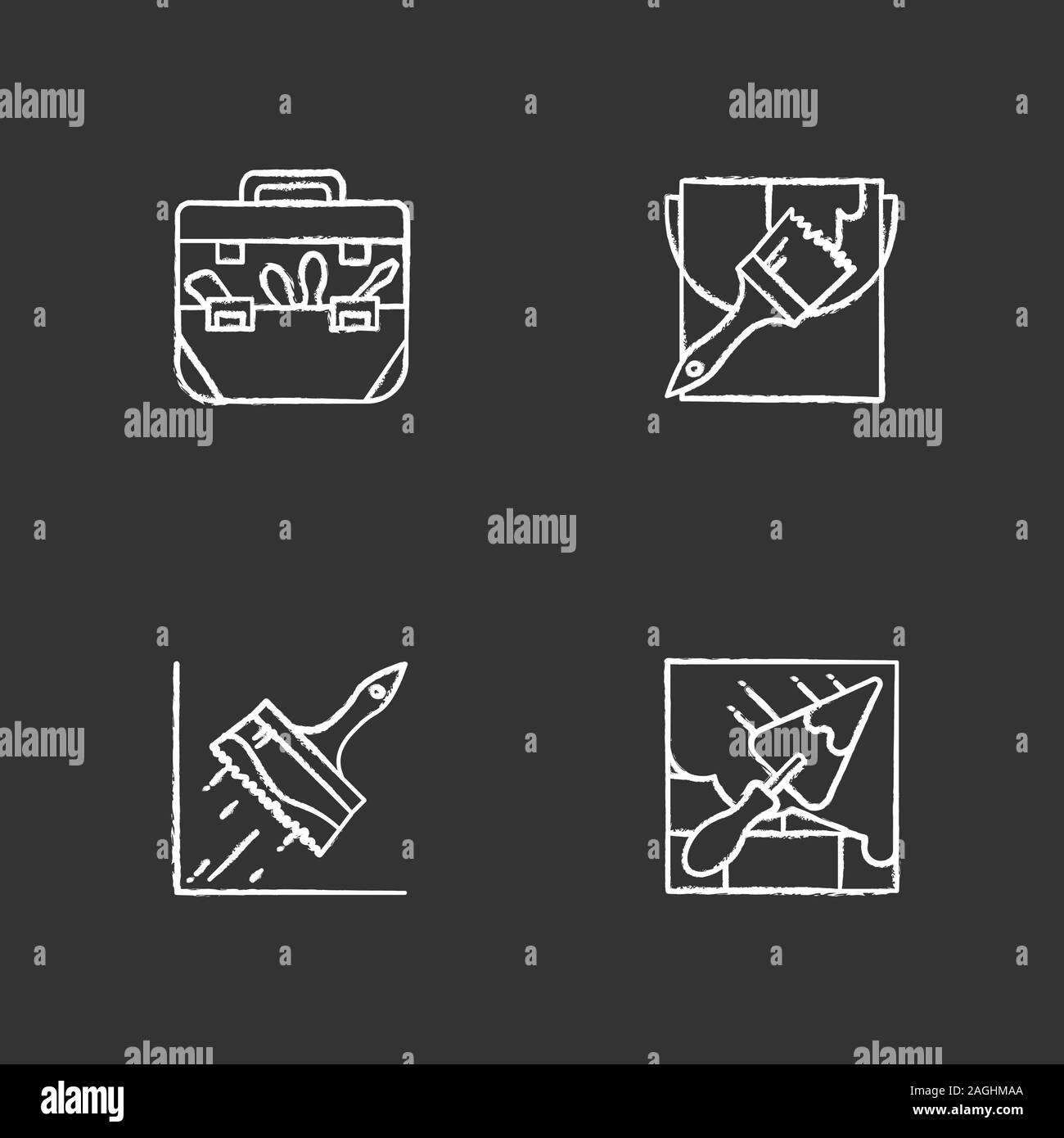 Construction tools chalk icons set. Tool bag, paint bucket with brush ...