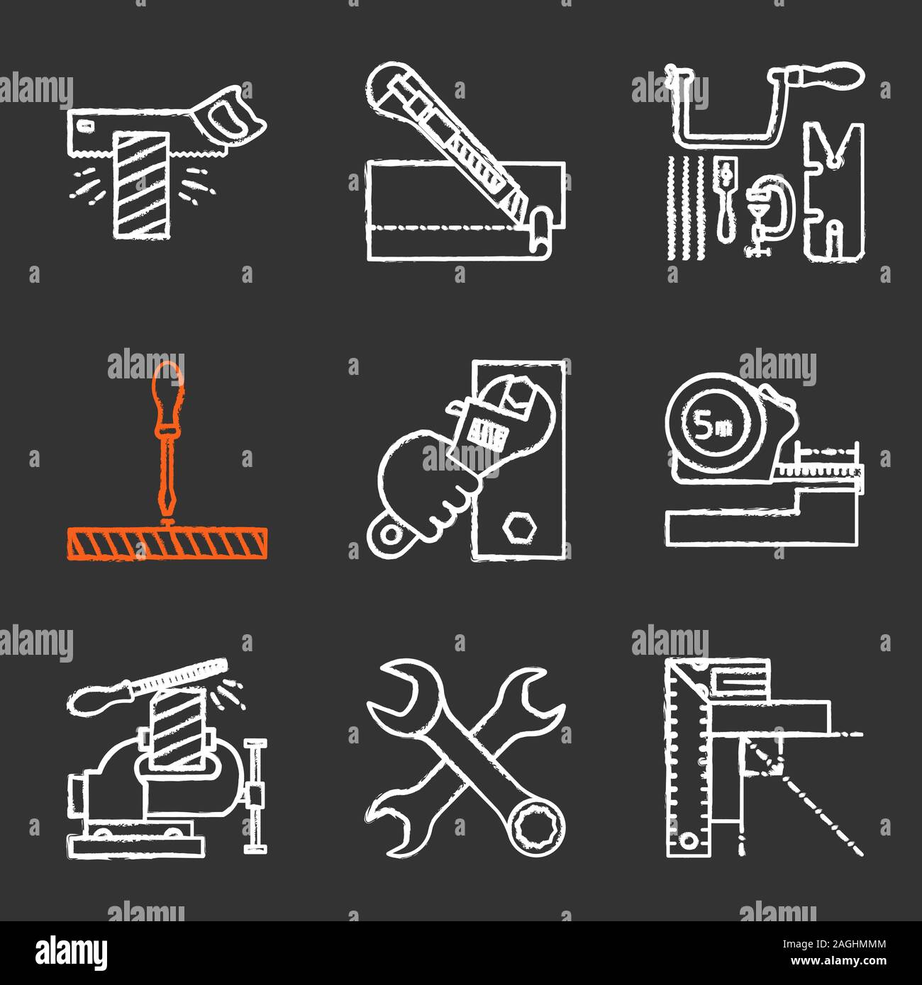 Construction tools chalk icons set. Tenon saw, stationery knife ...