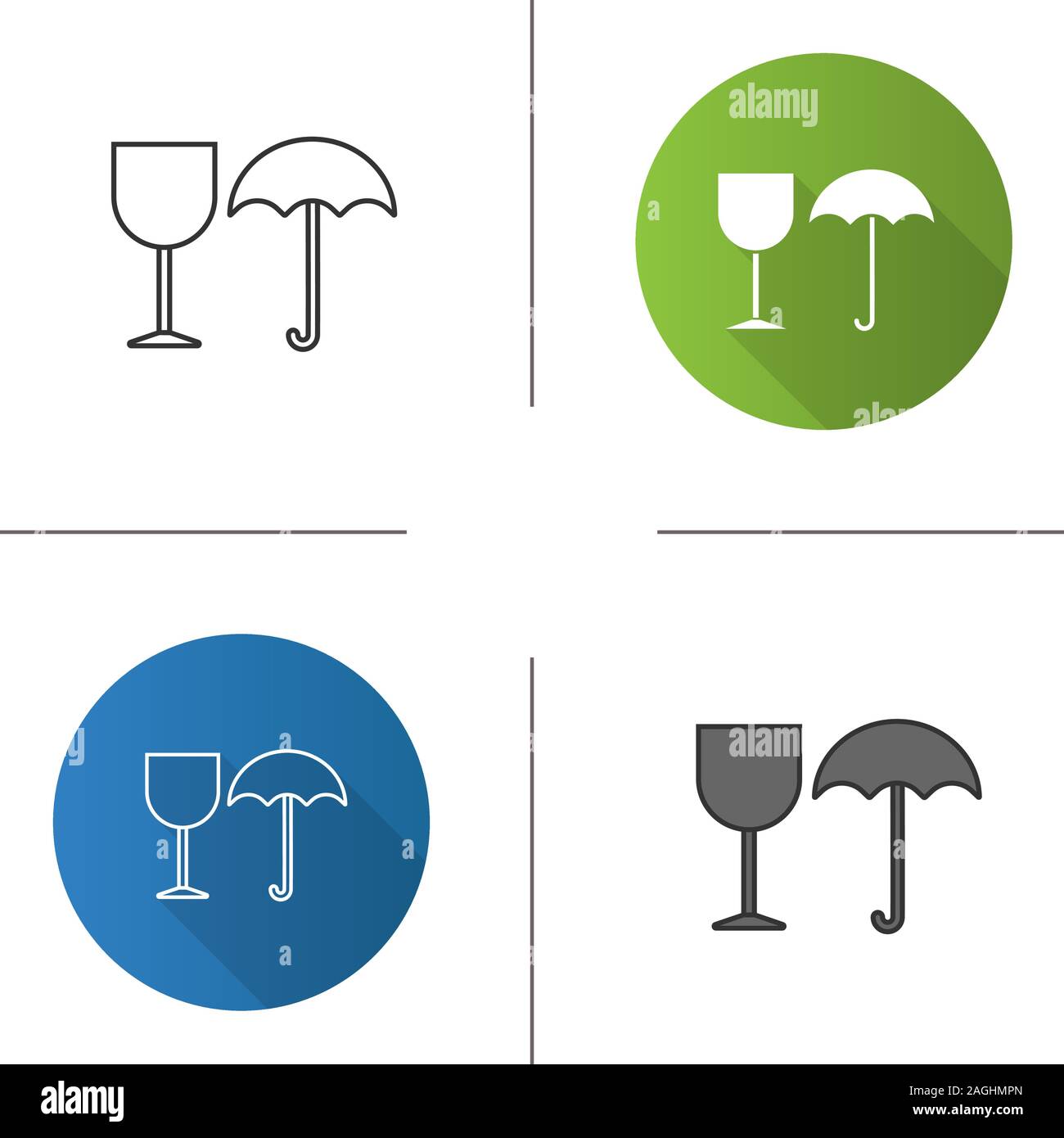 Fragile icon. Flat design, linear and color styles. Keep dry. Handle with care. Isolated vector ...