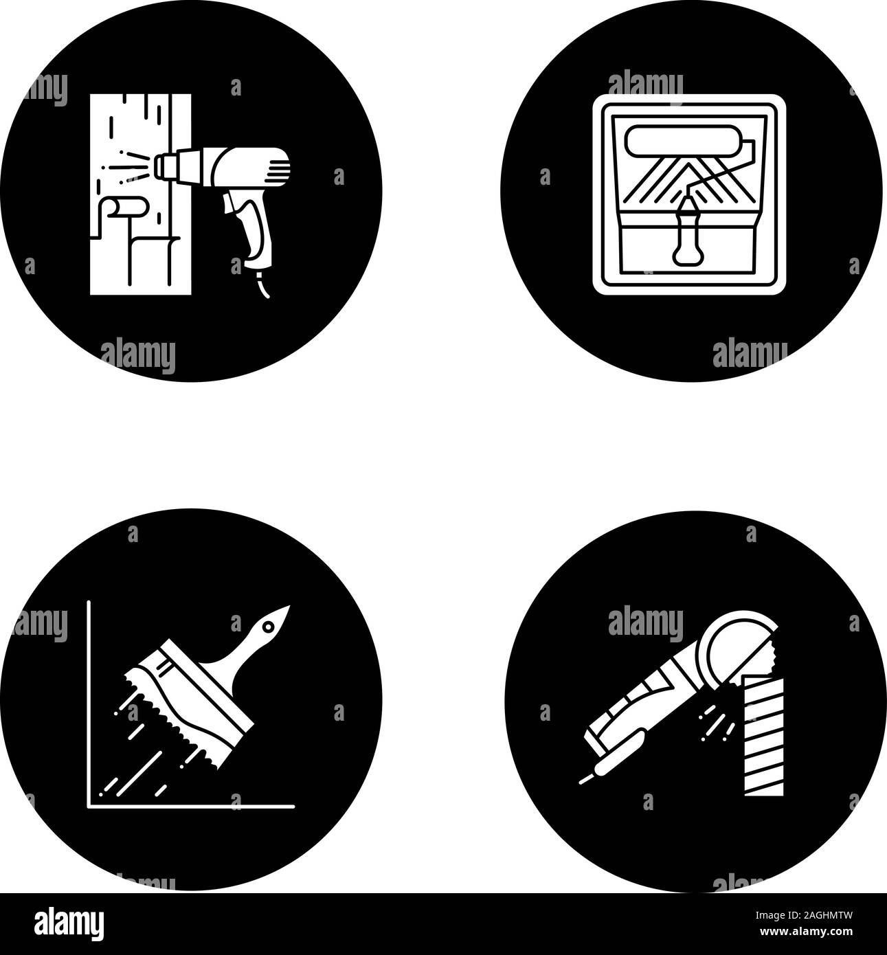 Construction tools glyph icons set. Hot air gun, paint roller in tray ...