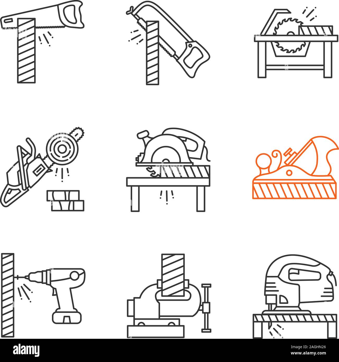 Carpentry linear icons set. Woodworking. Hand saw, hacksaw, circular ...