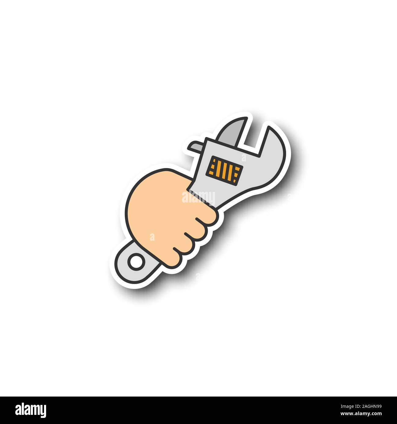 Hand holding wrench patch. Combination spanner. Color sticker. Vector ...