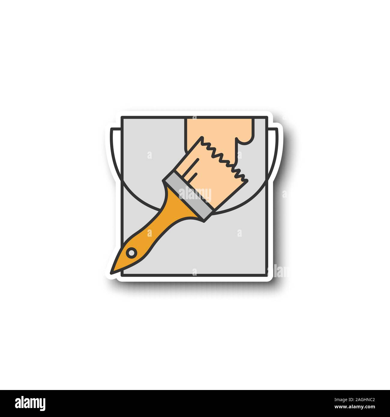 Paint bucket with brush patch. Painting, dyeing. Color sticker. Vector ...