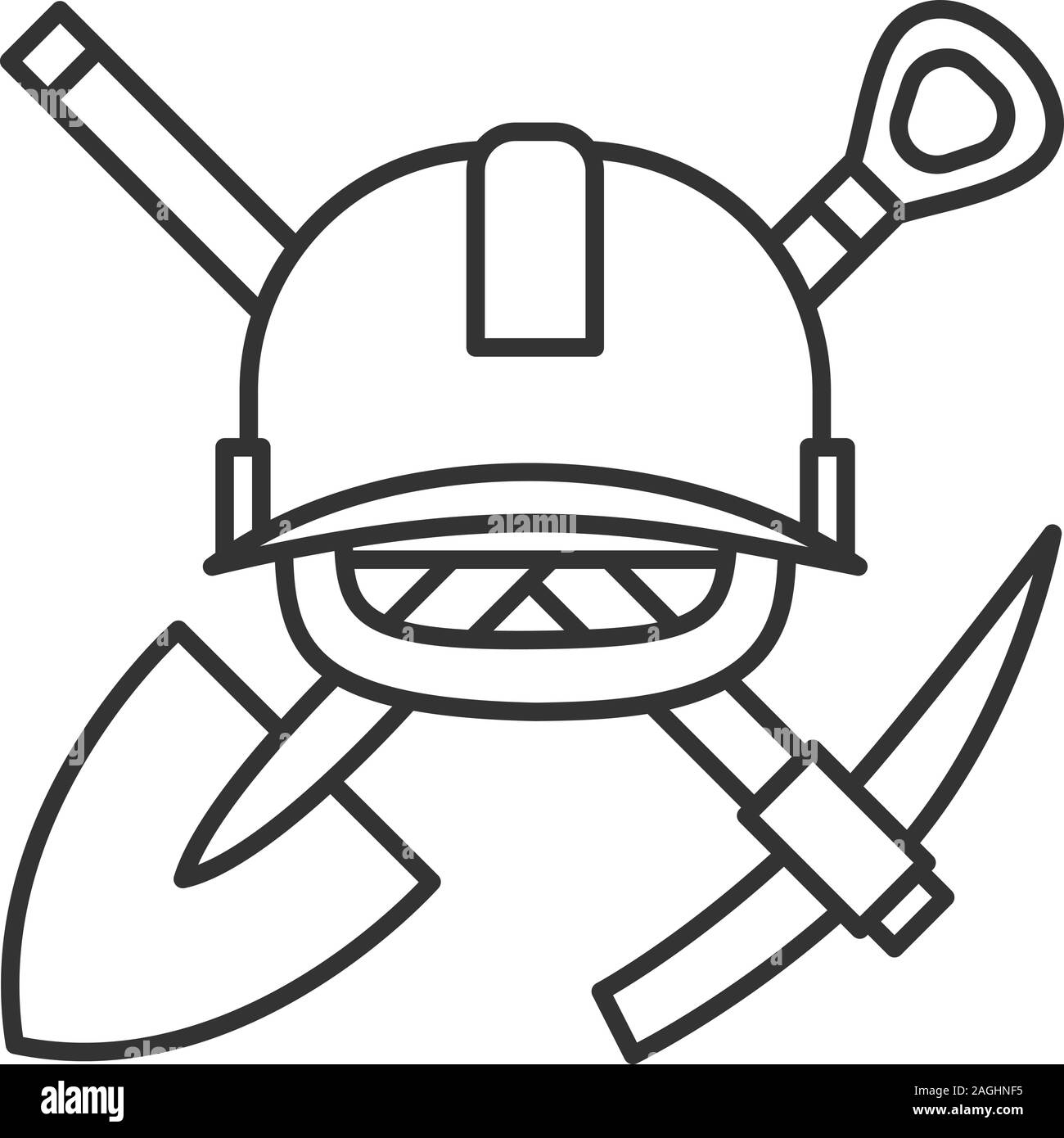 Crossed shovel and pickaxe with hard hat linear icon. Mining emblem. Thin line illustration ...
