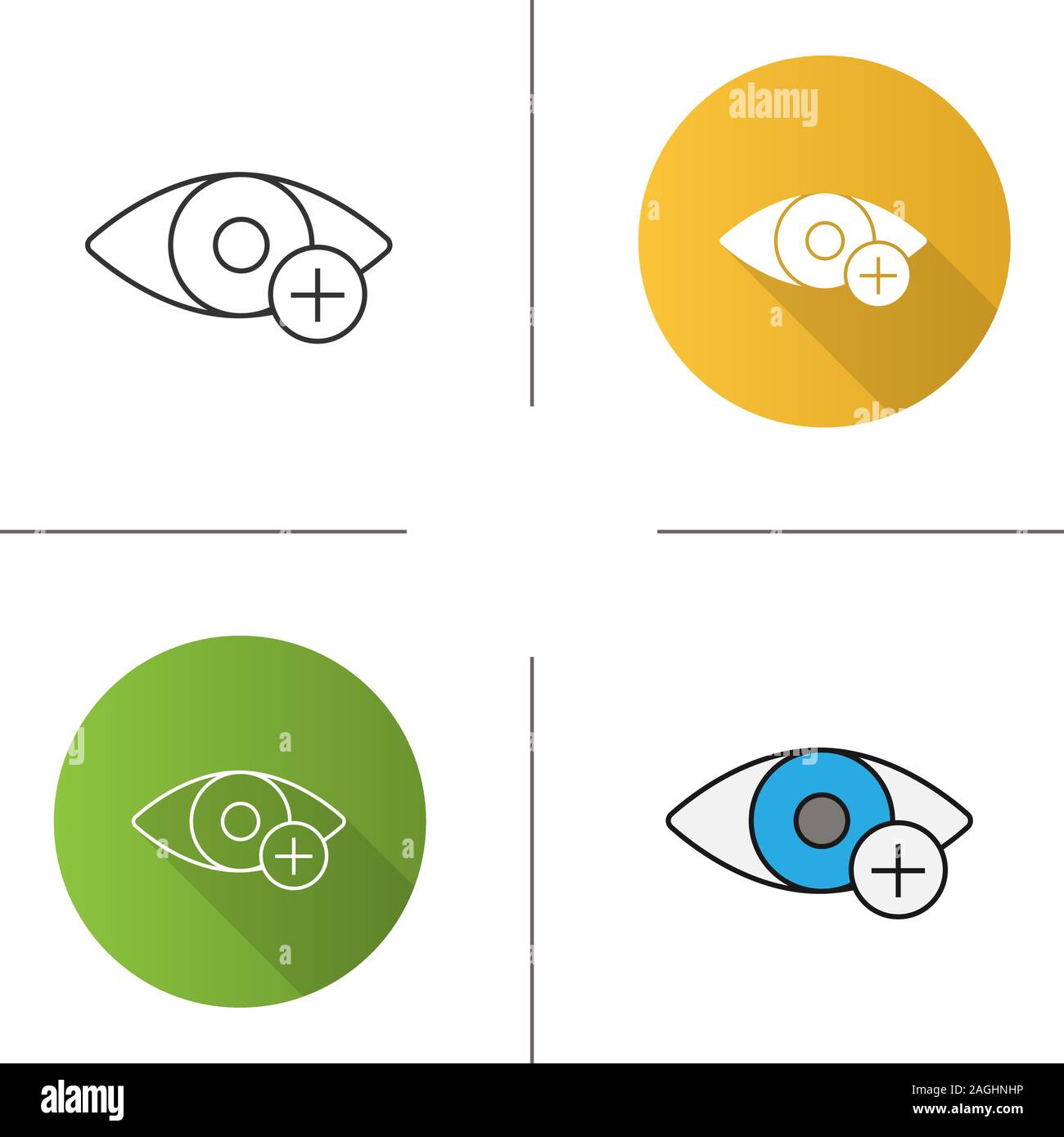 Human eye with plus sign icon. Flat design, linear and color styles ...
