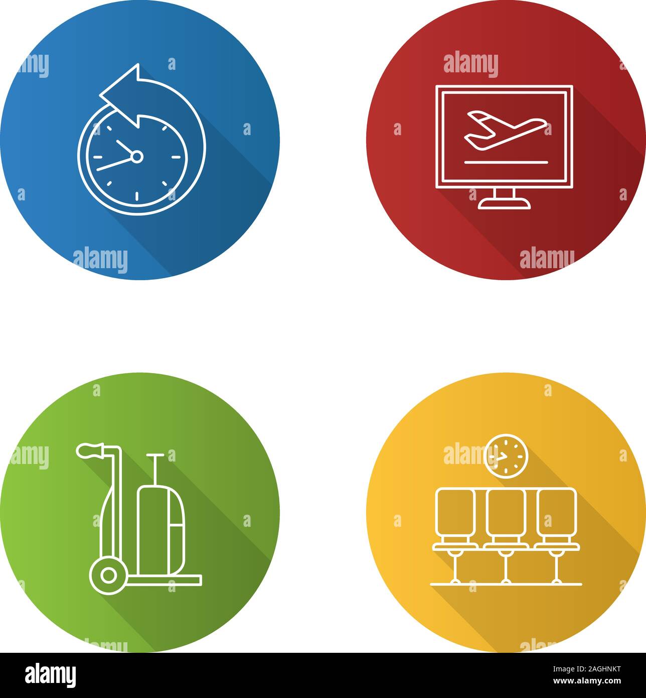 Airport service flat linear long shadow icons set. Reschedule, flights ...