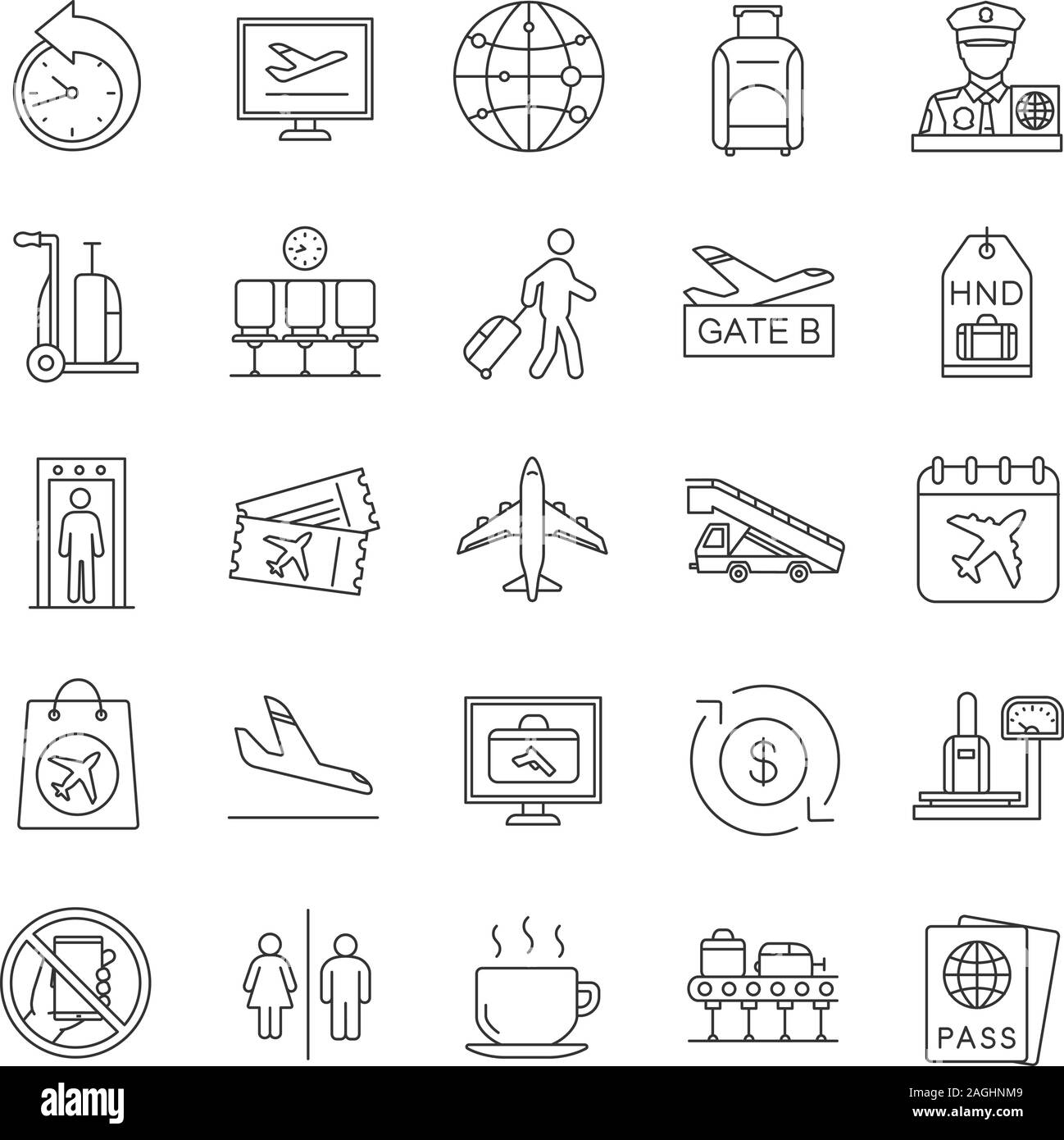 Airport service linear icons set. Passport control, baggage check ...