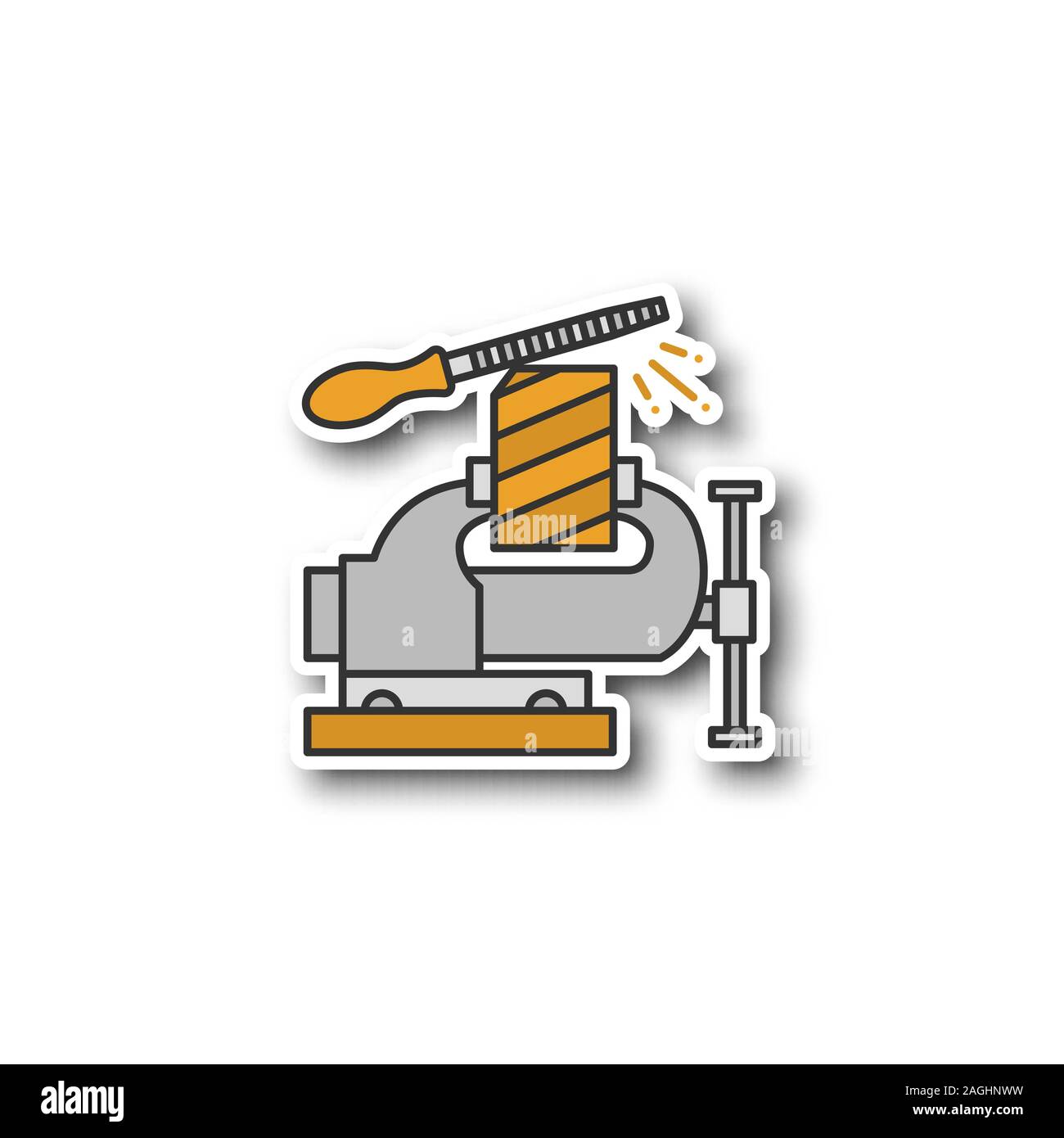 Bench vice fixing wooden plank patch. Leg vice and metal file. Color ...