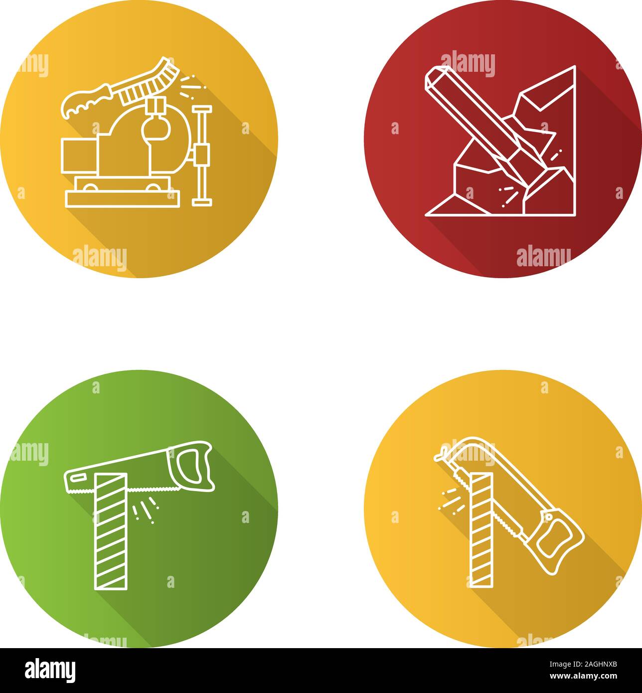 Construction tools flat linear long shadow icons set. Bench vice and ...