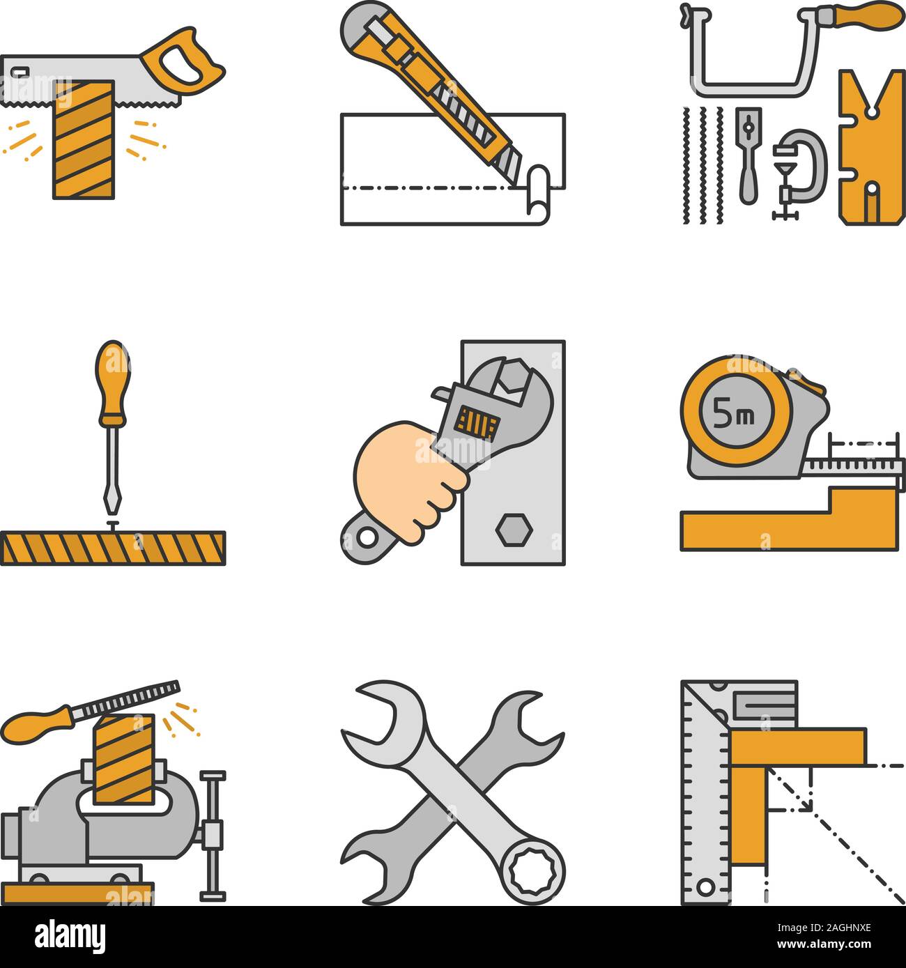 Construction tools color icons set. Tenon saw, stationery knife ...