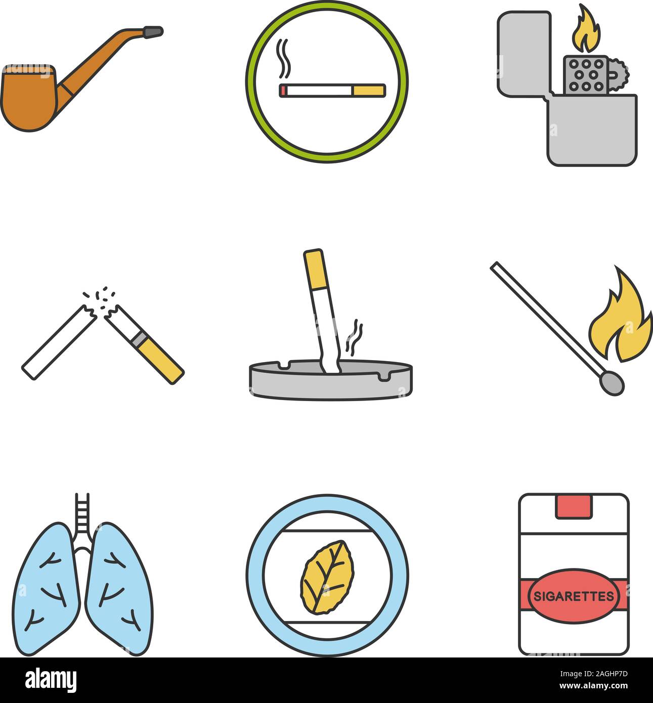 Smoking color icons set. Tobacco pipe, smoking area, flip lighter ...