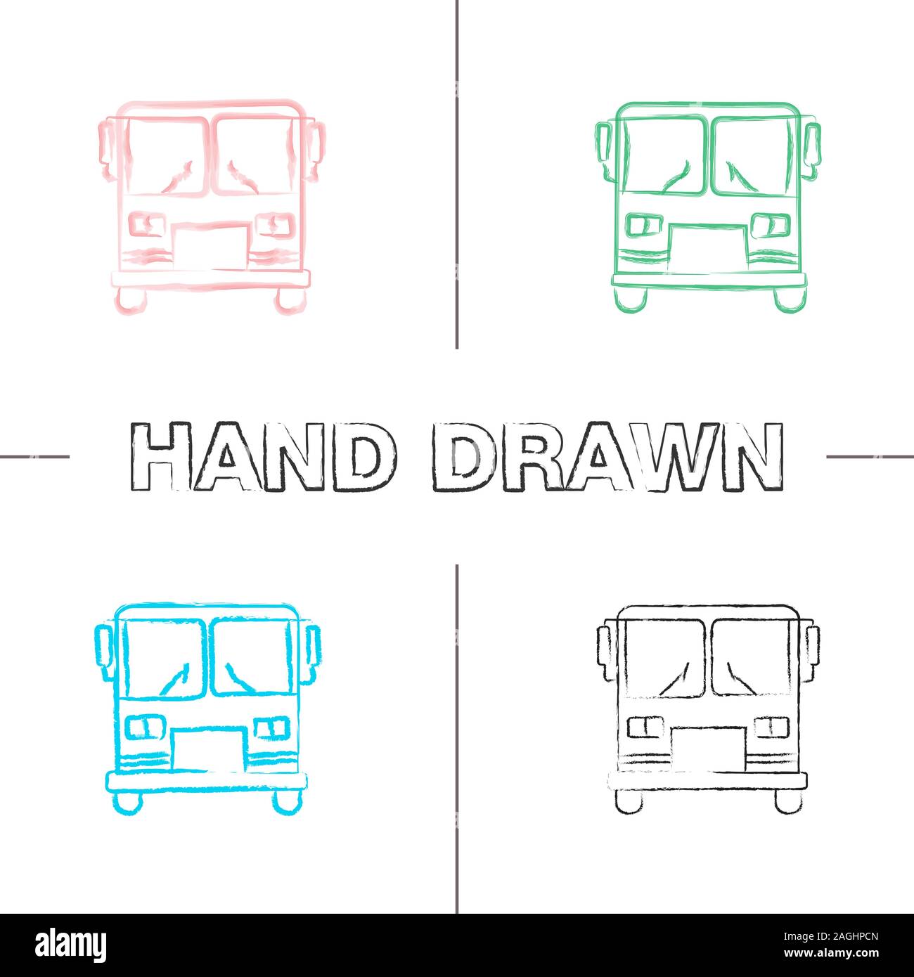 Bus hand drawn icons set. Color brush stroke. Isolated vector sketchy ...