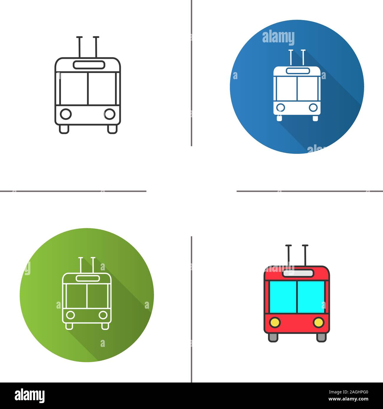 Trolleybus in front view icon. Trolley coach. Trackless trolley. Flat ...