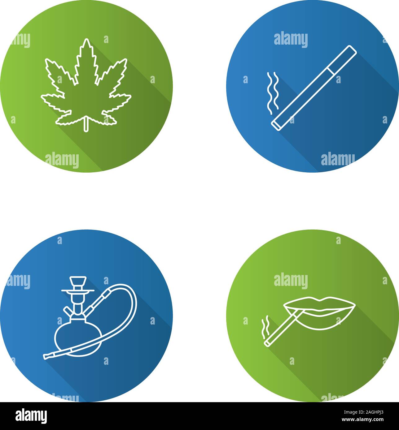 Smoking flat linear long shadow icons set. Marijuana leaf, burning ...