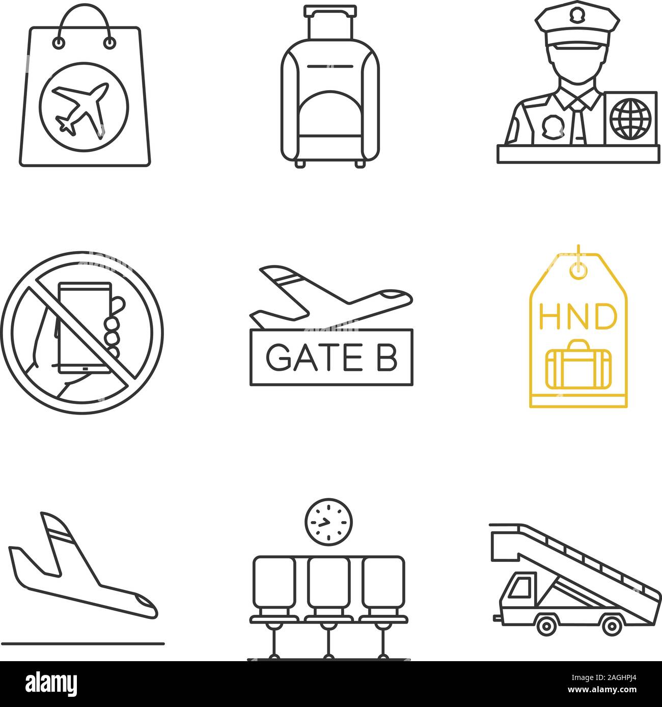 Airport service linear icons set. Airplane arrival, baggage, pass ...