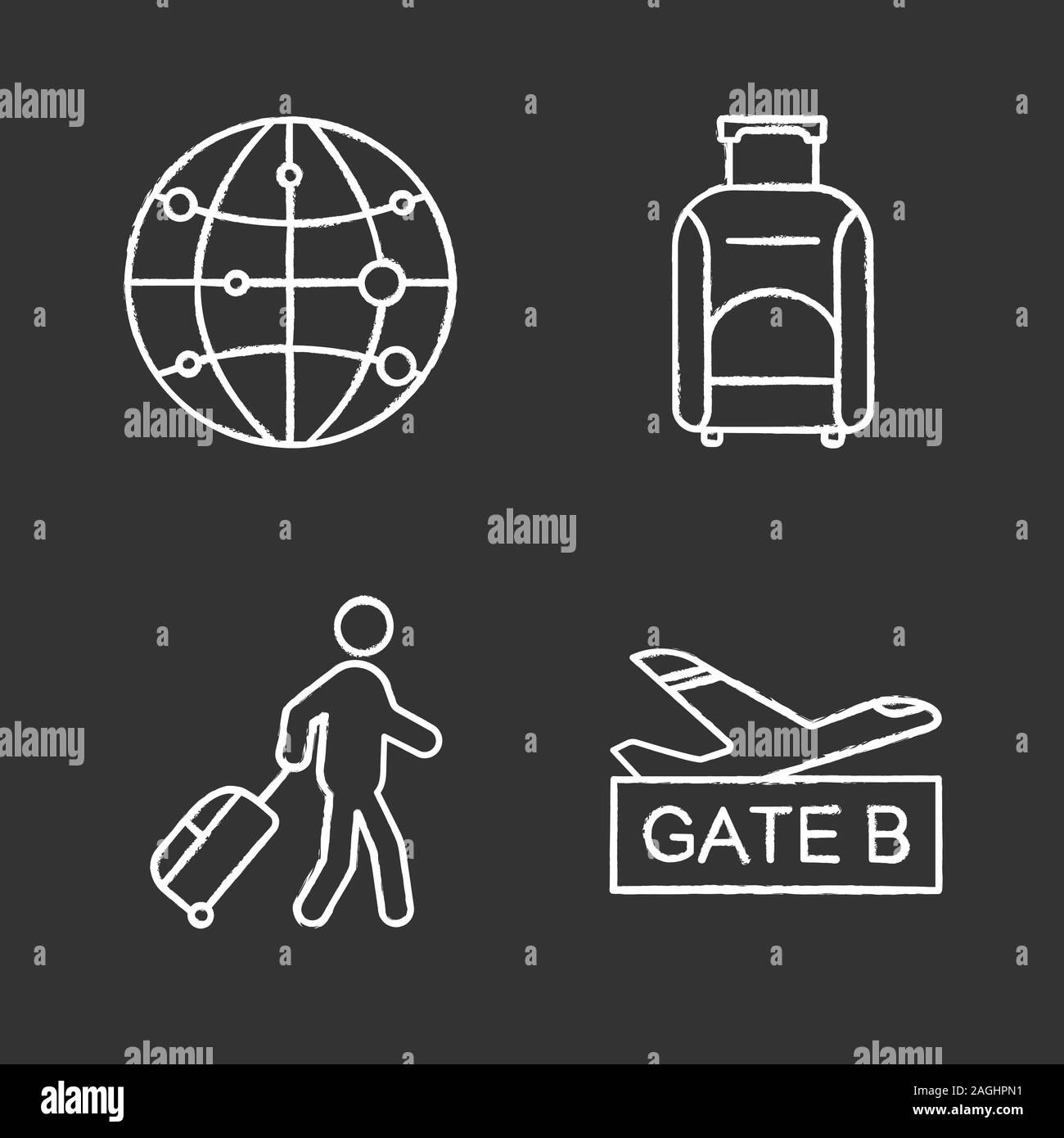 Airport service chalk icons set. Route map, baggage, passenger, airport ...