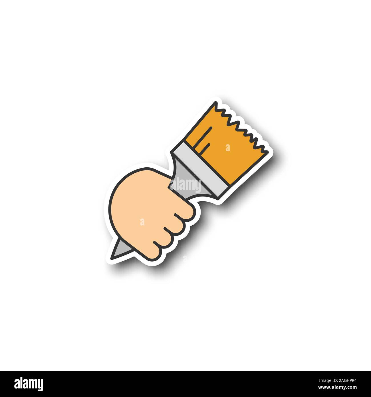 Hand holding paint brush patch. Color sticker. Painter's hand. Interior ...
