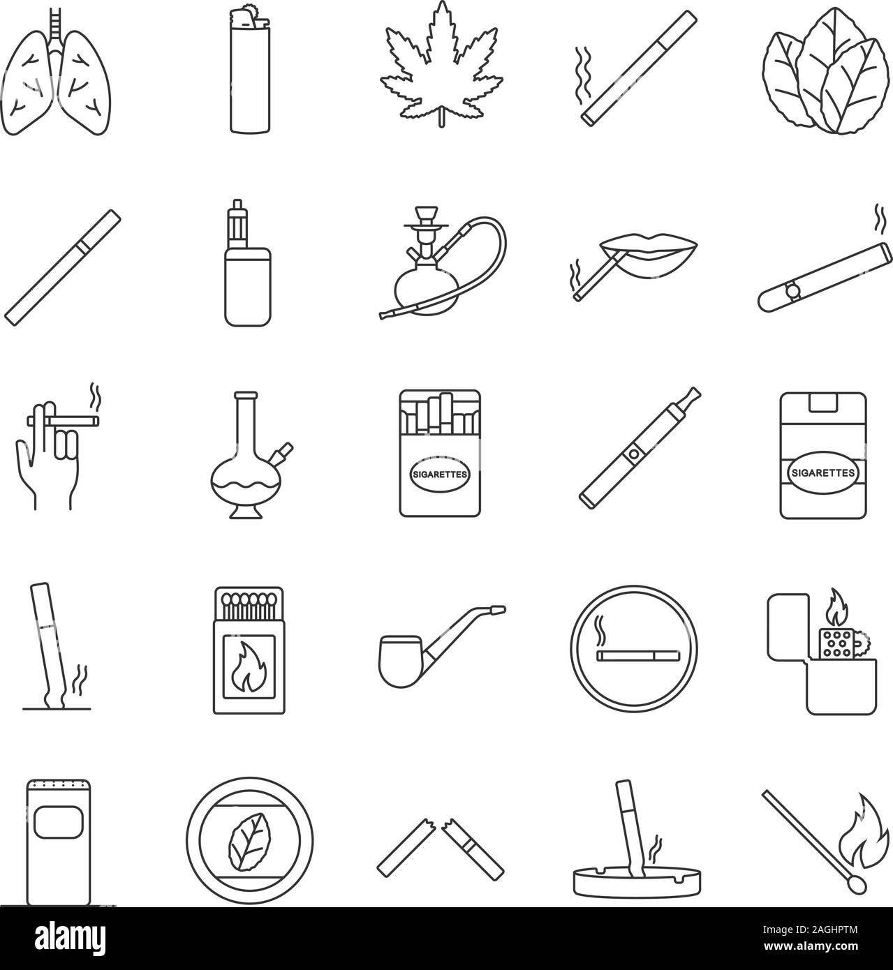 Smoking linear icons set. Cigarettes, smoking devices, cannabis culture ...