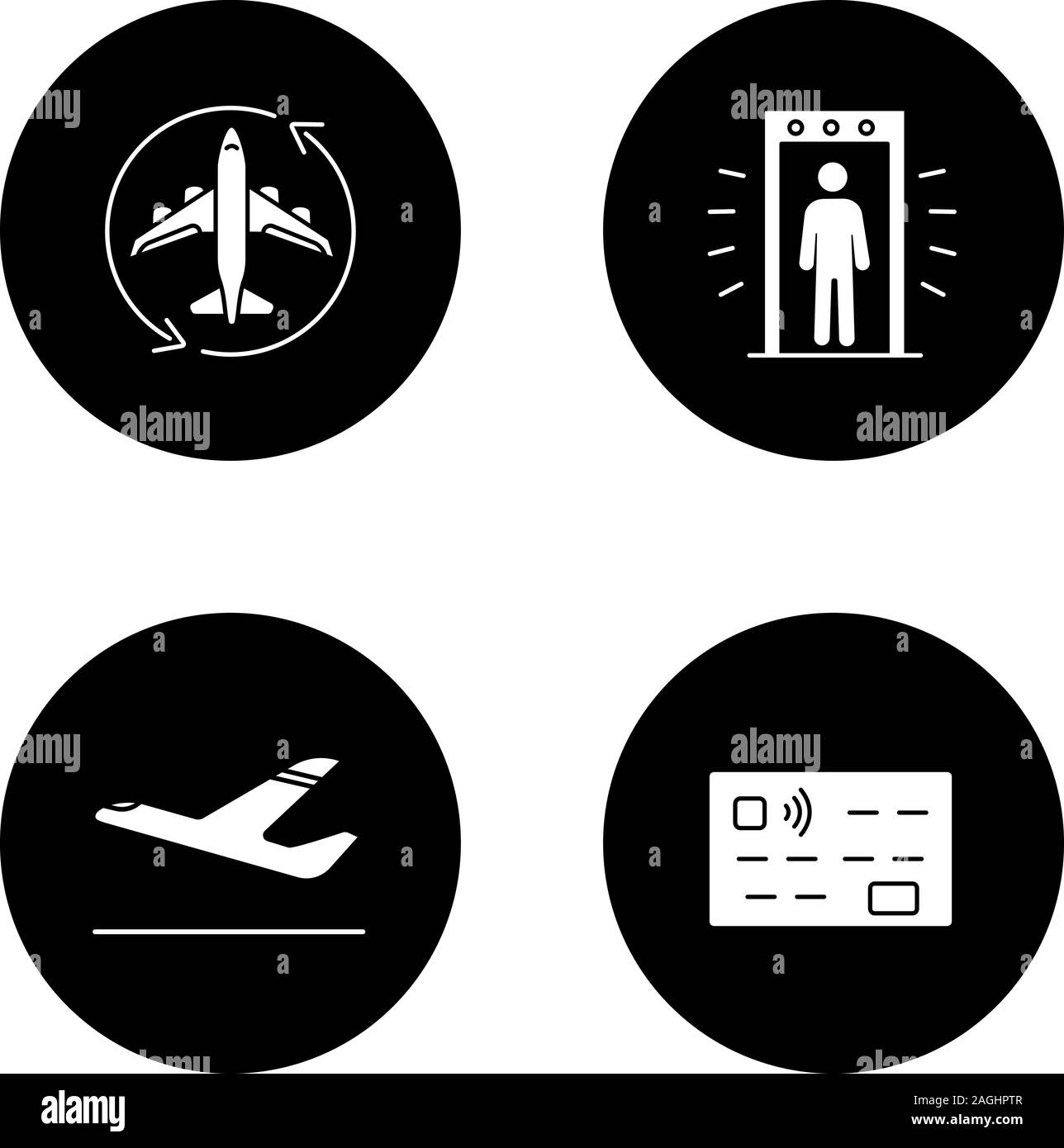 Airport service glyph icons set. Flight transit, portal metal detector ...