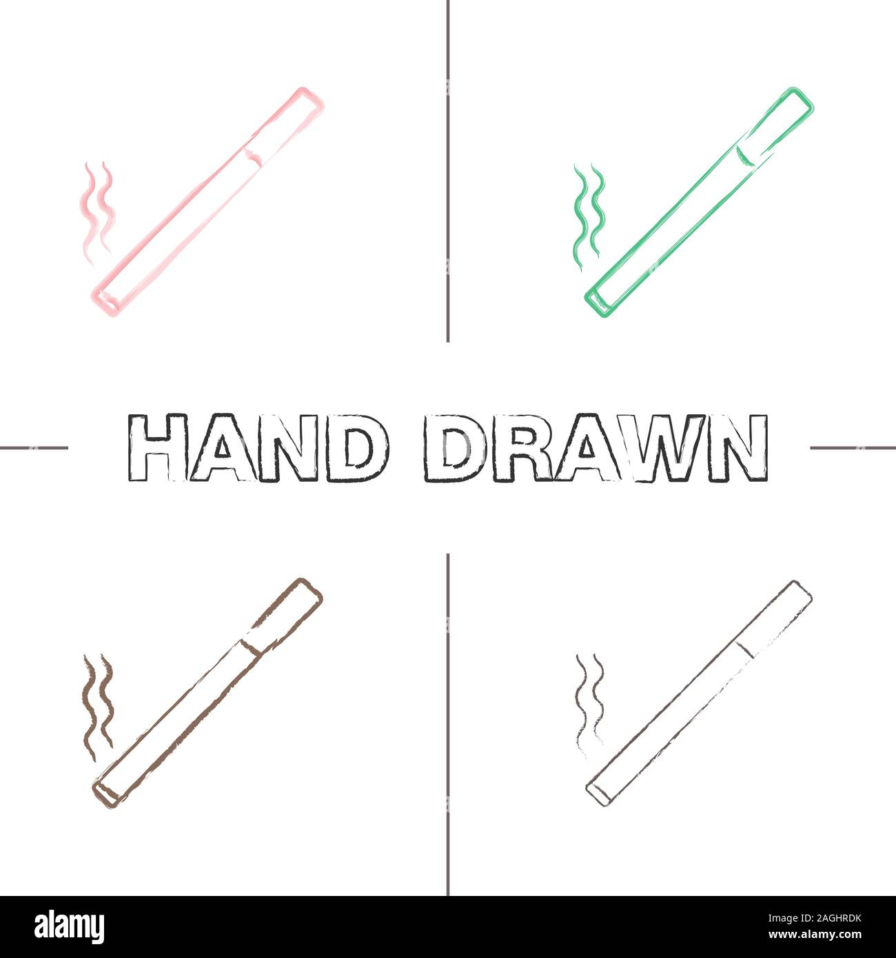Burning cigarette hand drawn icons set. Smoking area. Color brush ...