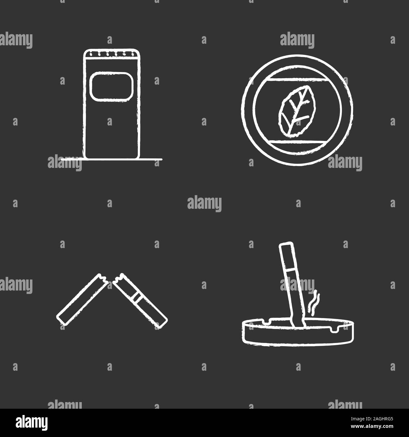 Smoking chalk icons set. Garbage bin, tobacco leaf, stubbed out ...