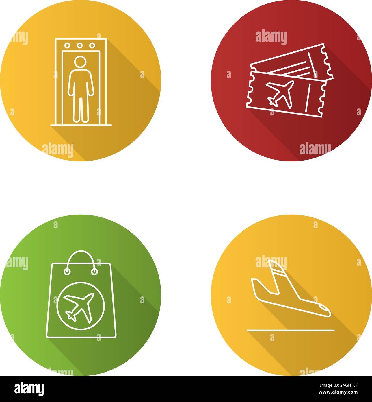 Airport service flat linear long shadow icons set. Portal metal ...