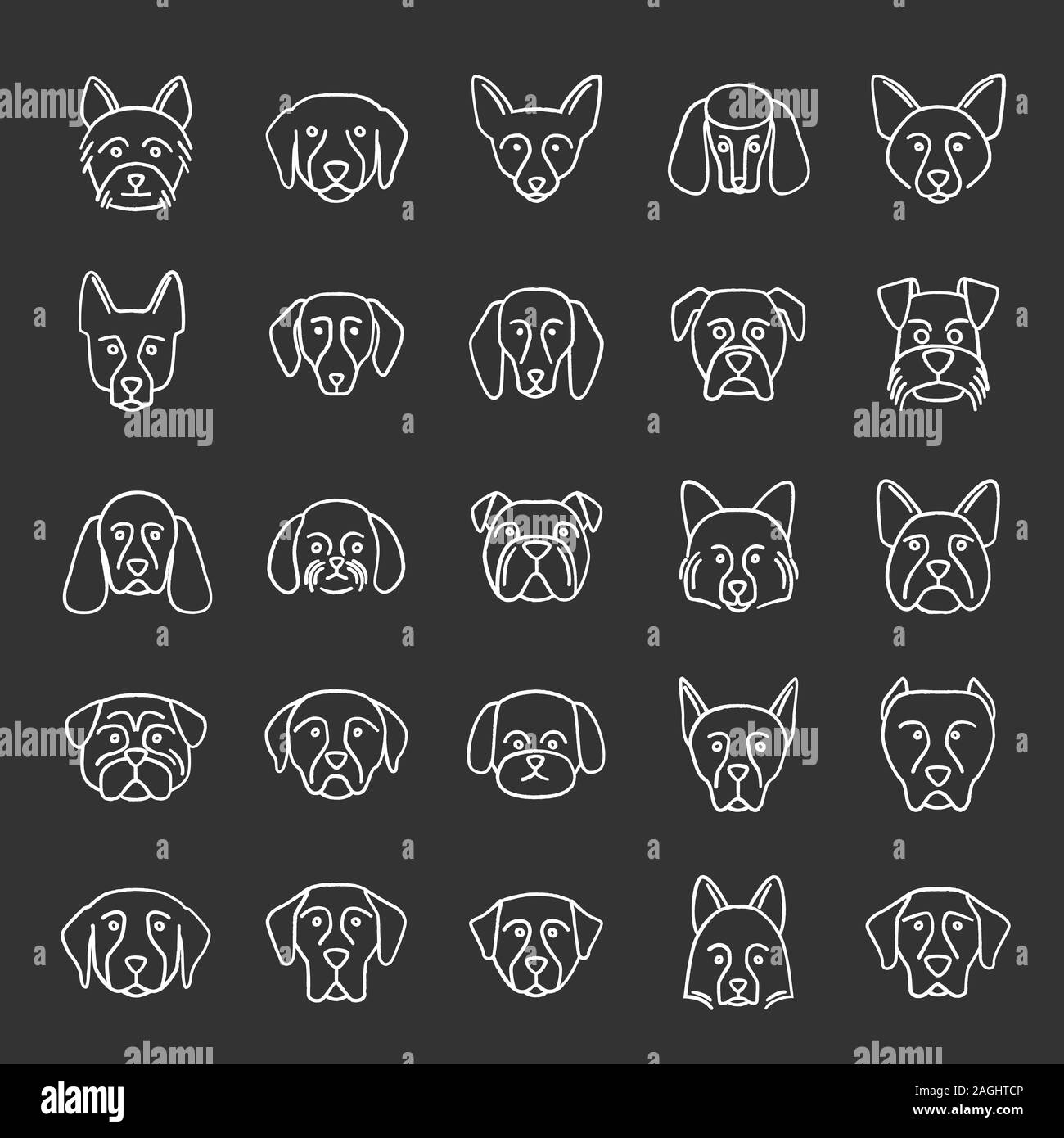 Dogs breeds chalk icons set. Guide, guardian, hunting, herding dogs ...