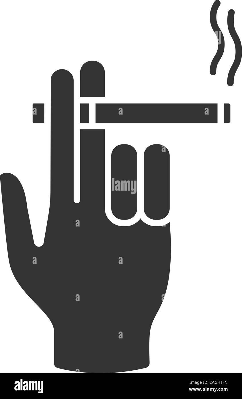 Hand holding burning cigarette glyph icon. Smoker's hand. Silhouette ...