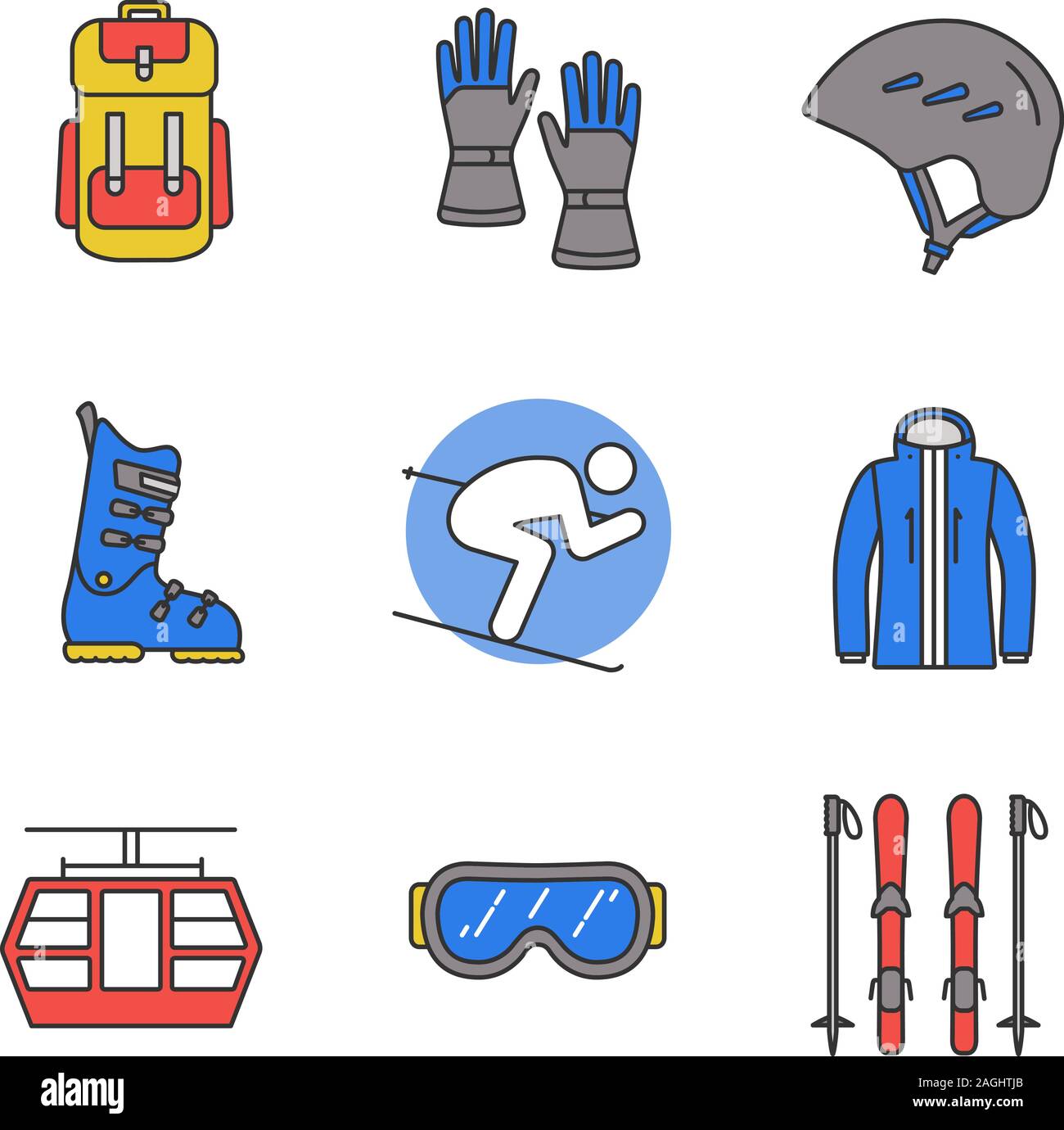 Winter activities color icons set. Backpack, gloves, goggles, helmet ...
