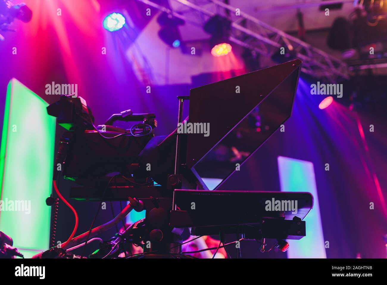 Professional equipment in a blue television news studio. Lighting ...