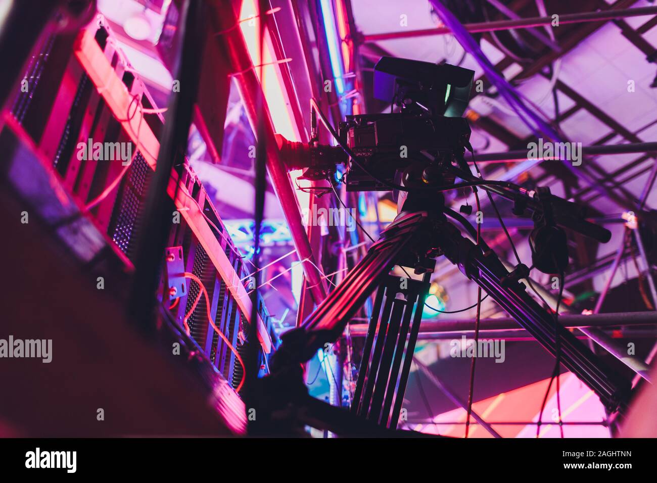 Professional equipment in a blue television news studio. Lighting ...