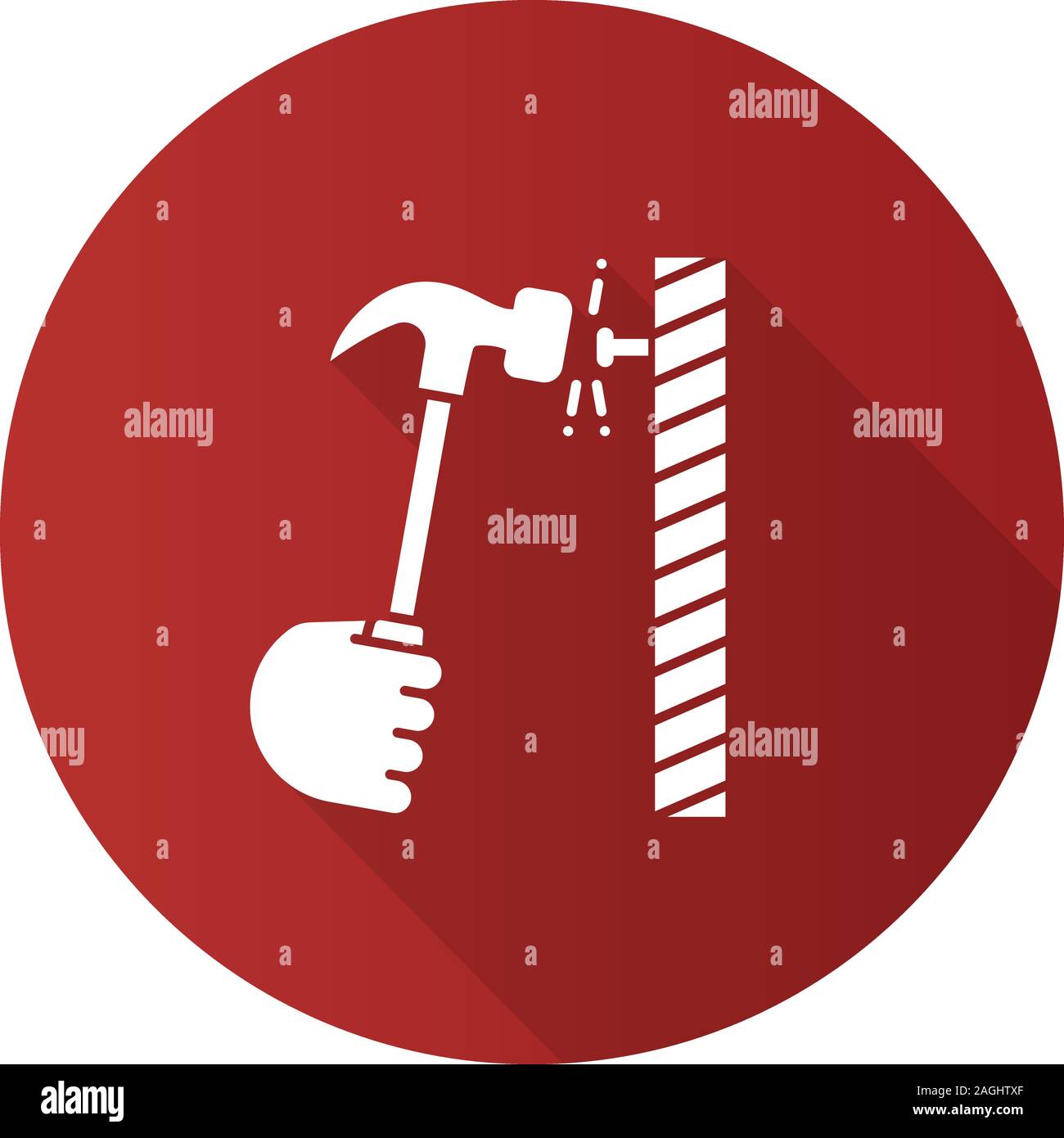 Hand hammering nail flat linear long shadow icon. Builder's hand ...