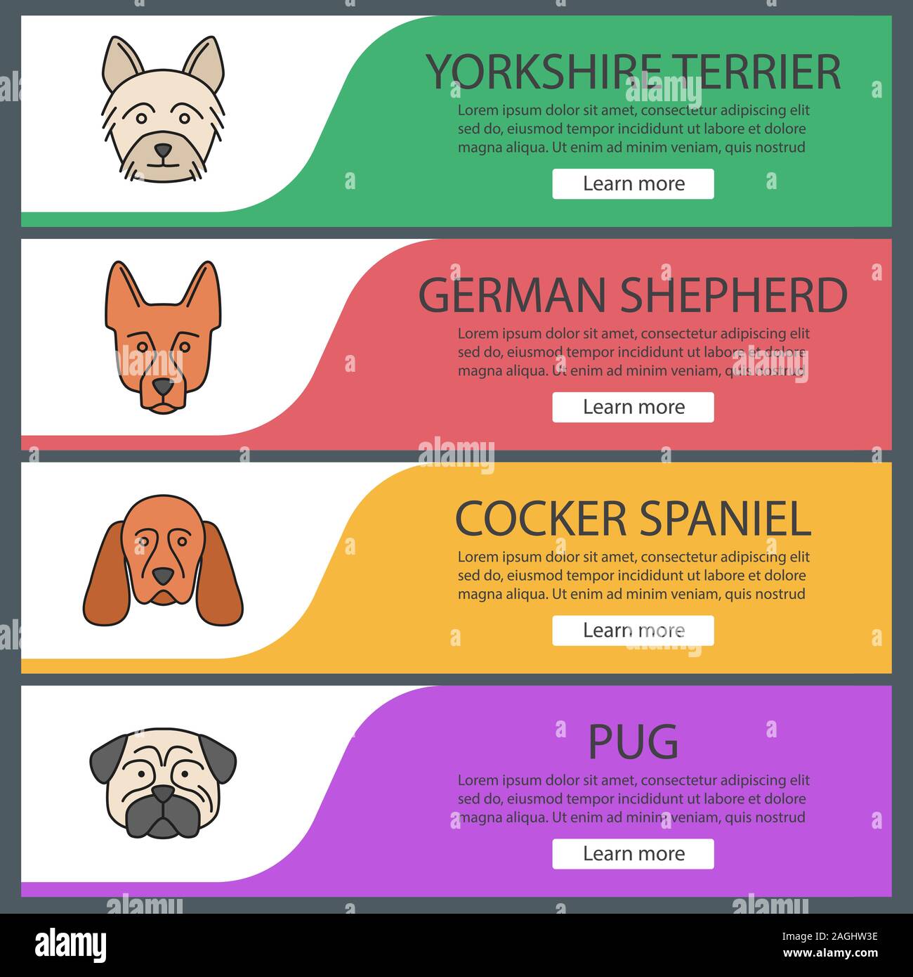 Dogs breeds web banner templates set. Website color menu items ...
