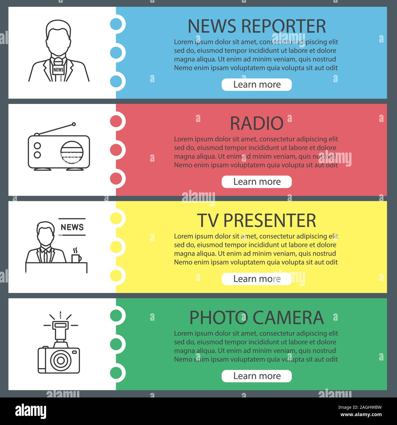 Mass media web banner templates set. News reporter, radio, TV presenter ...