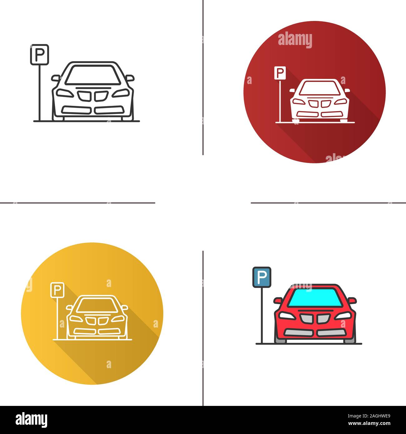 Parking zone icon. Car with P road sign. Flat design, linear and color ...